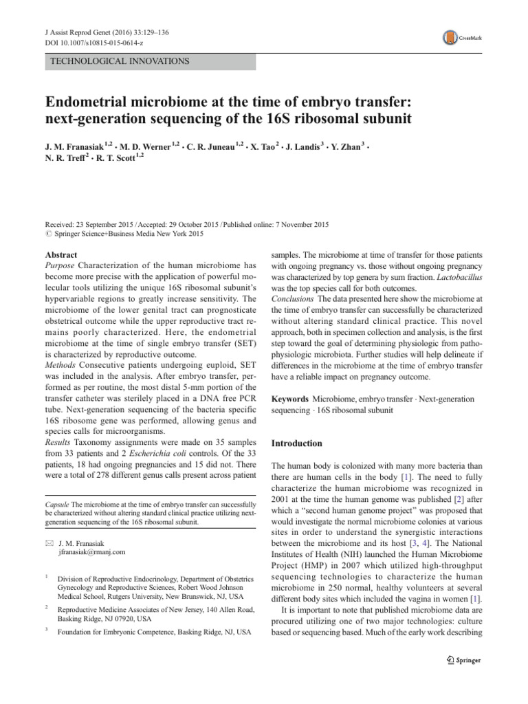 Endometrial Microbiome at the Time of Embryo Transfer- Next-generation ...