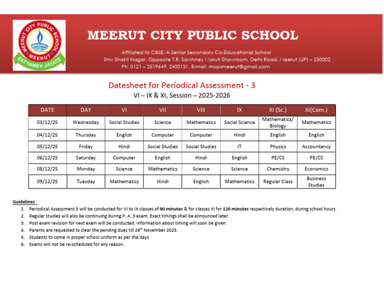 Periodical Assessment - 3 Date Sheet 2025-26 For Classed VI TO IX & XI ...