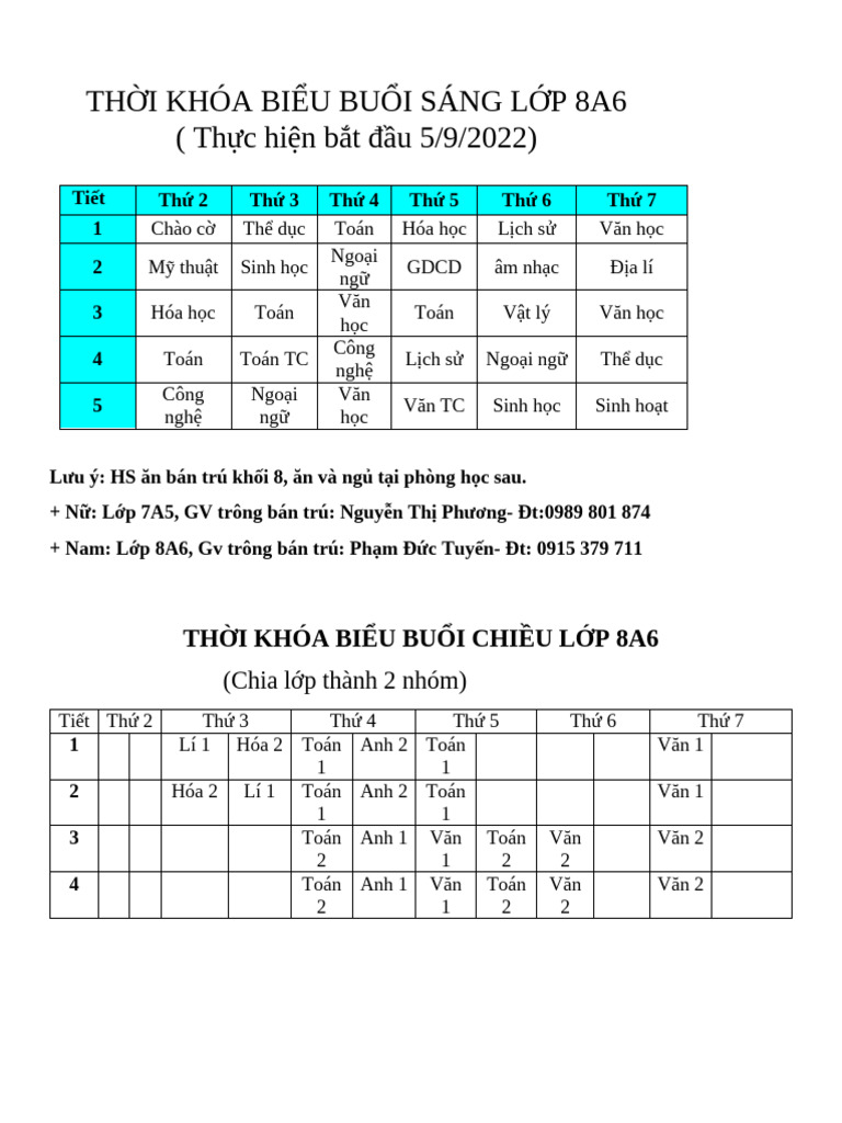 TKB Sáng- Chiều Lớp 8A6 | PDF