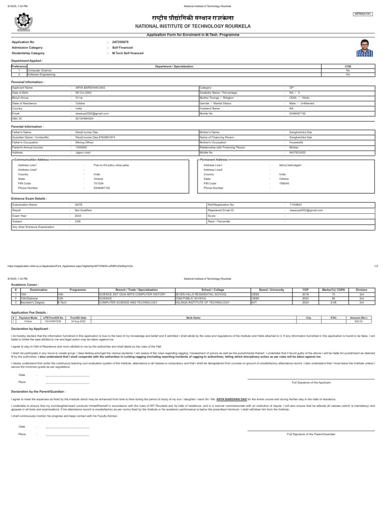 M.Tech Admission Application for Arya Das | PDF