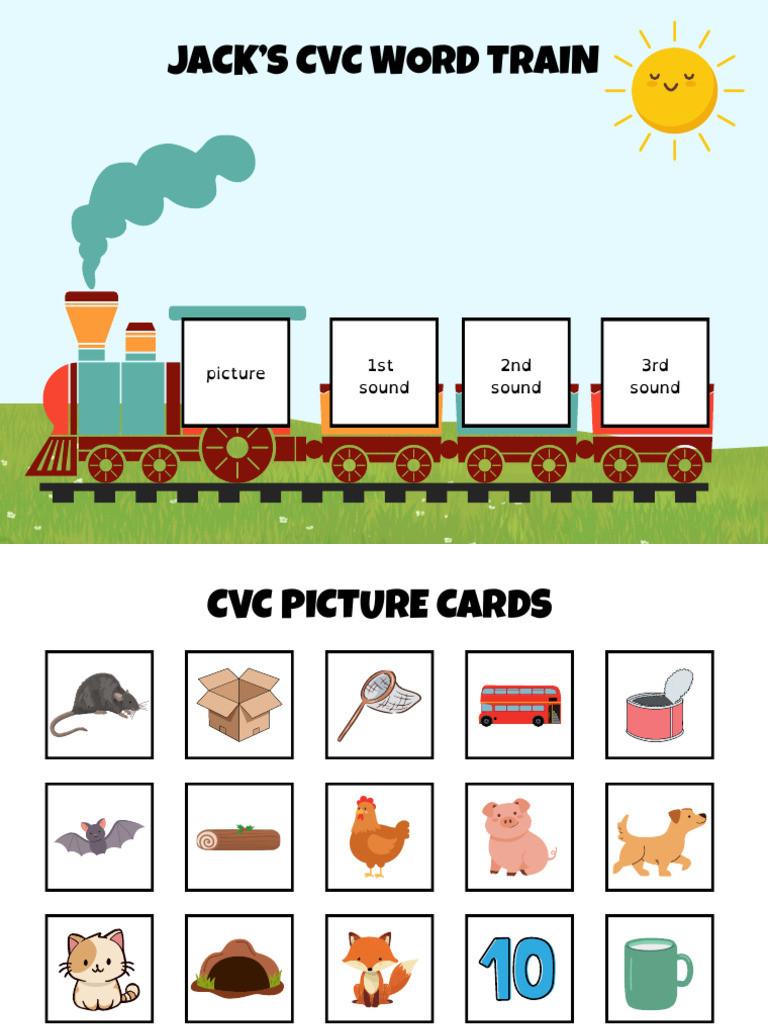 CVC Word Game Blue Green Colourful Train Style | PDF