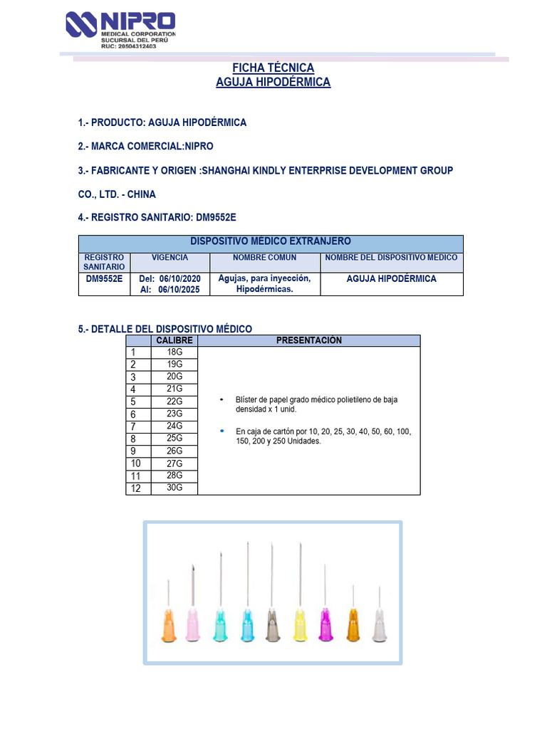 Agujas Hipodérmicas Nipro: Calibres y Especificaciones | PDF ...
