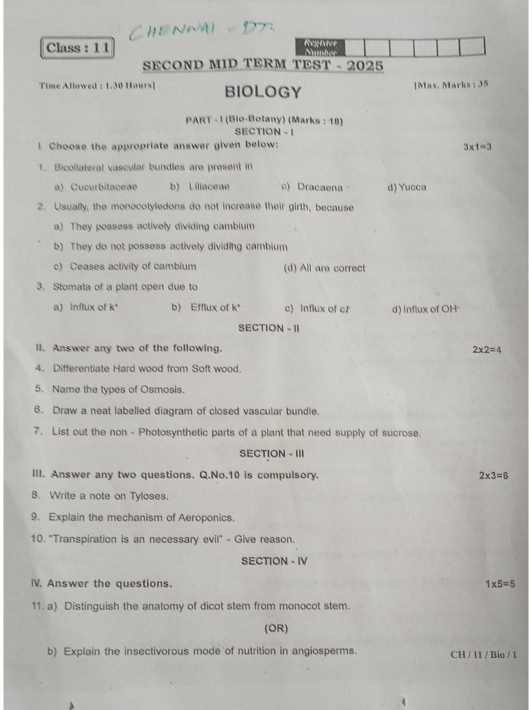 11 STD Biology 2nd Midterm Test Question Paper Chennai District | PDF