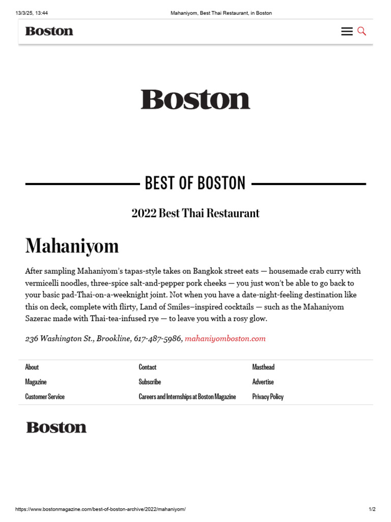 Best Thai Restaurant: Mahaniyom Boston | PDF