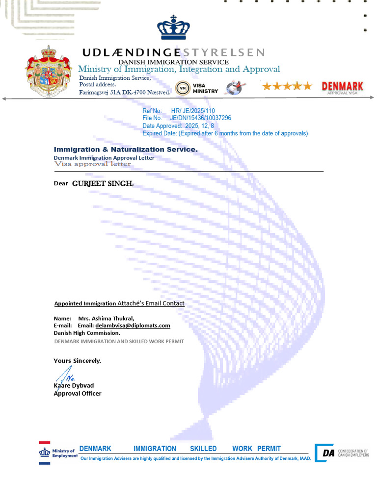 Denmark Immigration Approval Letter | PDF