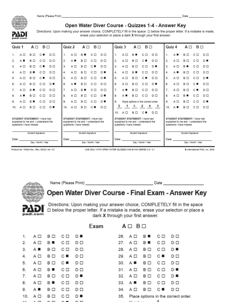 Open Water Diver Course - Quizzes 1-4 - Answer Key: Quiz 1 A B Quiz 2 A ...