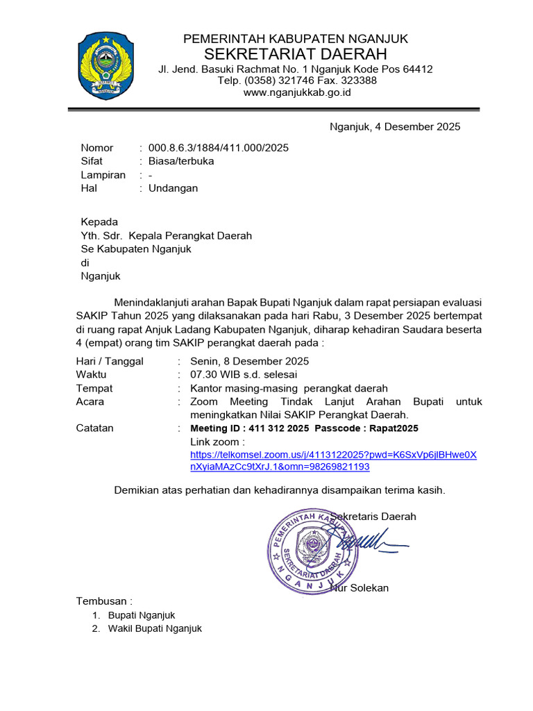 Undangan Zoom Meeting SAKIP Nganjuk | PDF