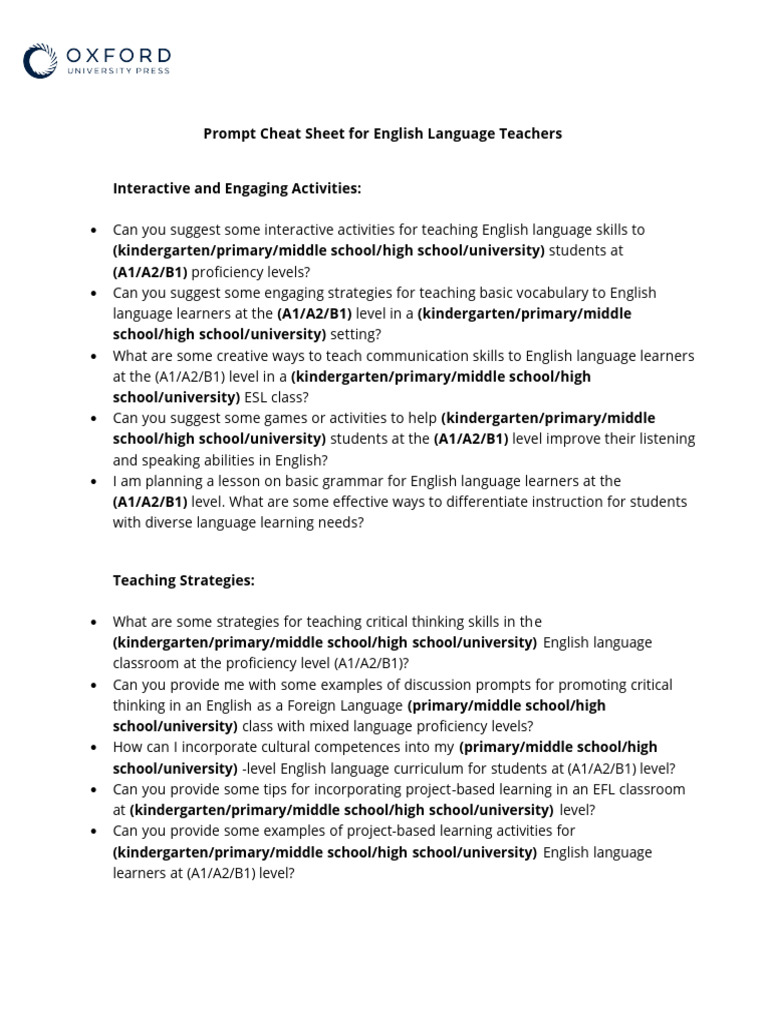 English Teaching Activity Prompts Guide | PDF | English As A Second Or ...