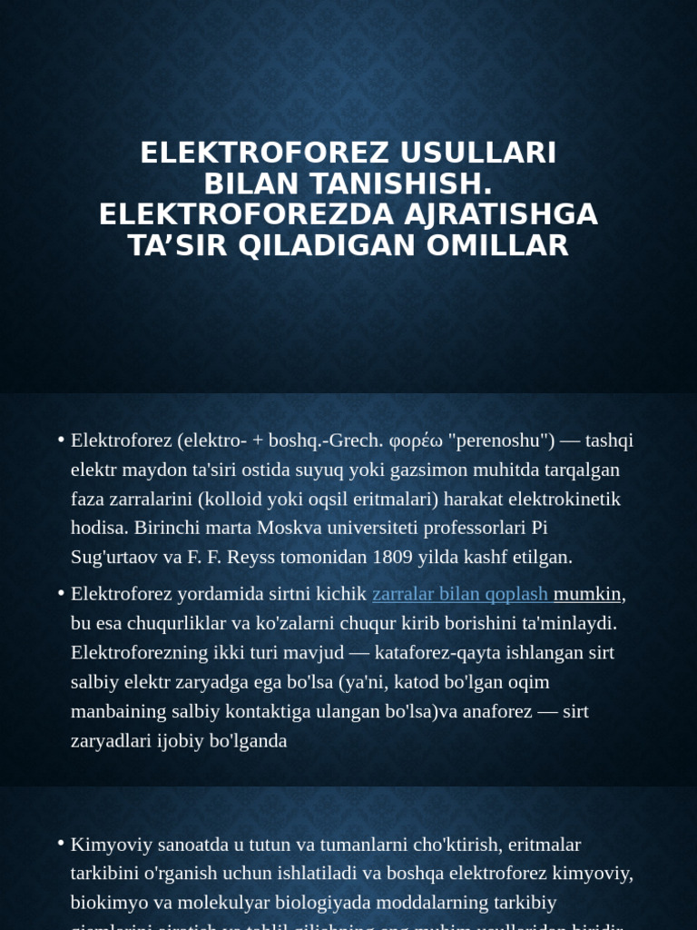 7 - MA'RUZA Elektroforez Usullari Bilan Tanishish | PDF