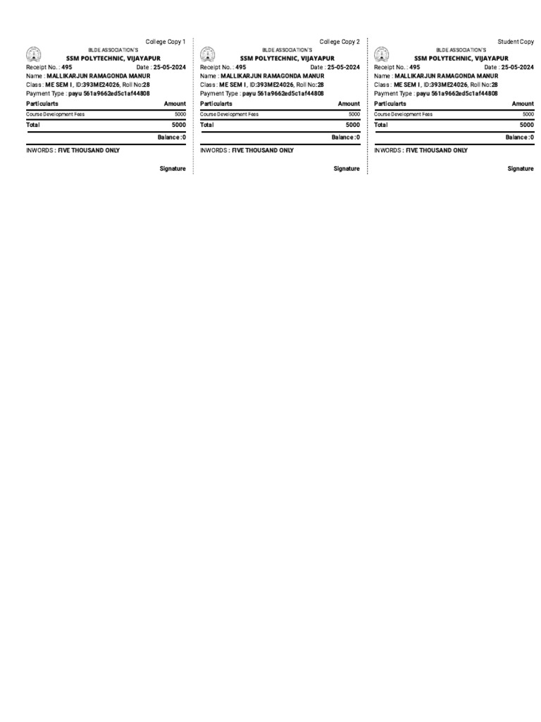 SSM Polytechnic Course Fee Receipt | PDF