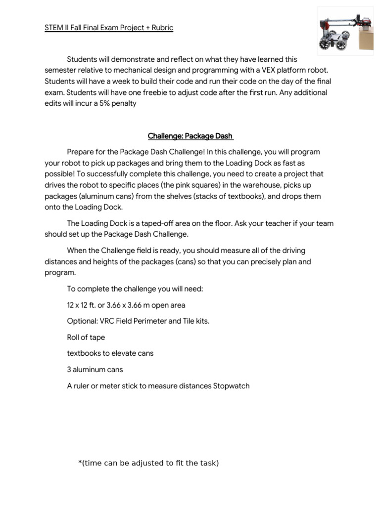 STEM II Fall Final Exam Project + Rubric | PDF | Robot | Robotics