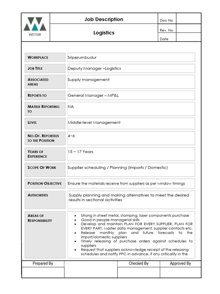 JD - Deputy Manager - Logistics | PDF | Supply Chain | Logistics