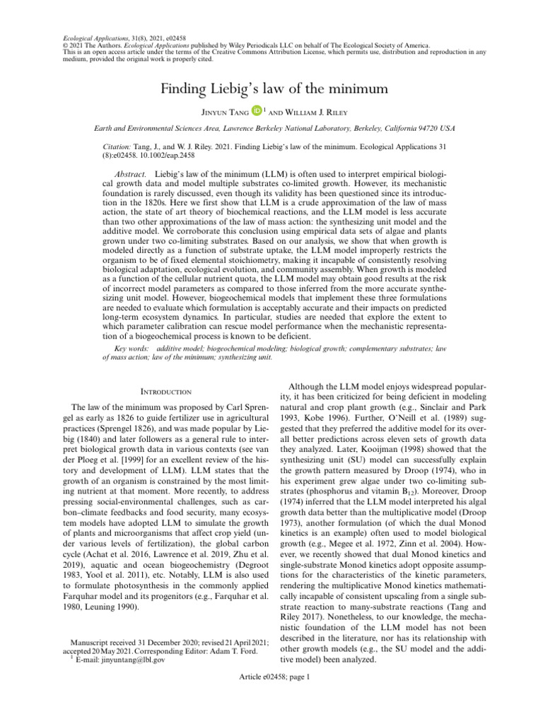 2021 EcolApplications Tang-Riley FindingLiebigsLawOfTheMinimum | PDF ...