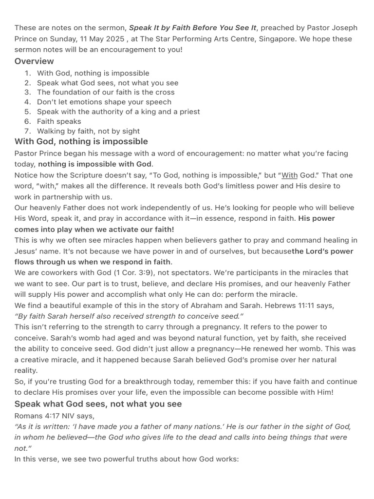 These Are Notes On The Sermon, Speak It by Faith Before You See It ...