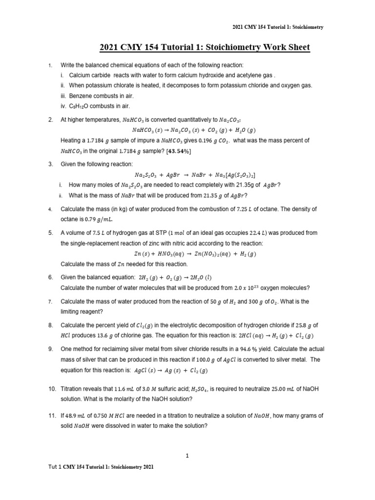 2021 Tutorial 1 Stoichiometry Work Sheet | PDF