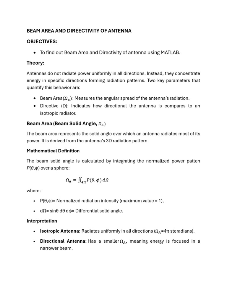 Beam Area & Directivity of Antennas | PDF | Electromagnetic Radiation ...