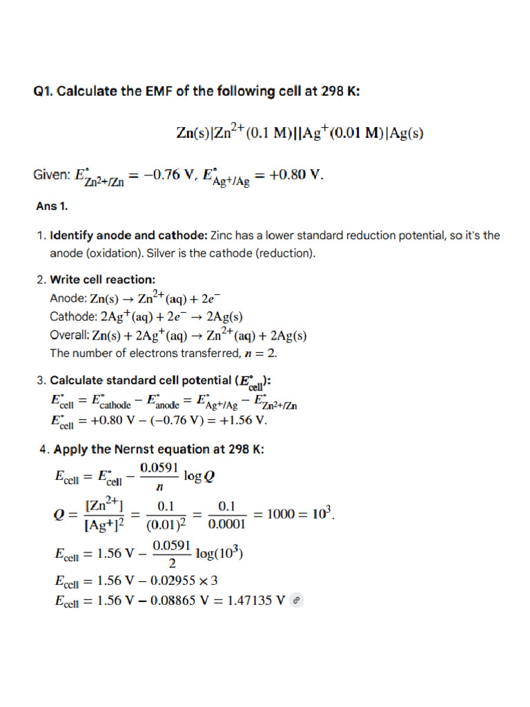 Electrochemistry - Numericals | PDF