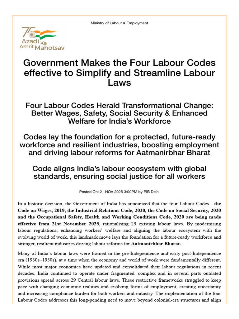India’s Four Labour Codes: Key Reforms | PDF | Employment | Labour Law