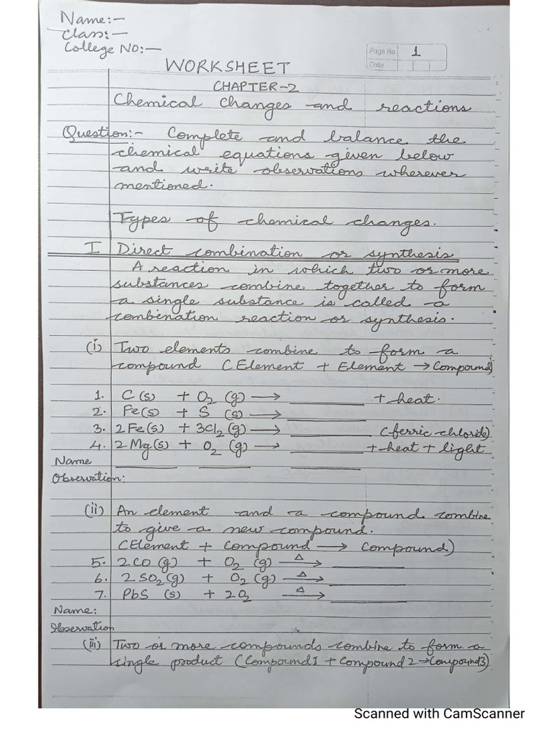 Worksheet Chap 2 Chemical Changes and Reactions | PDF