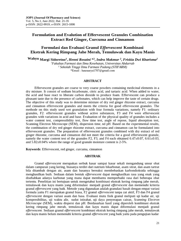 Formulasi Granul Effervescent Jahe Merah | PDF