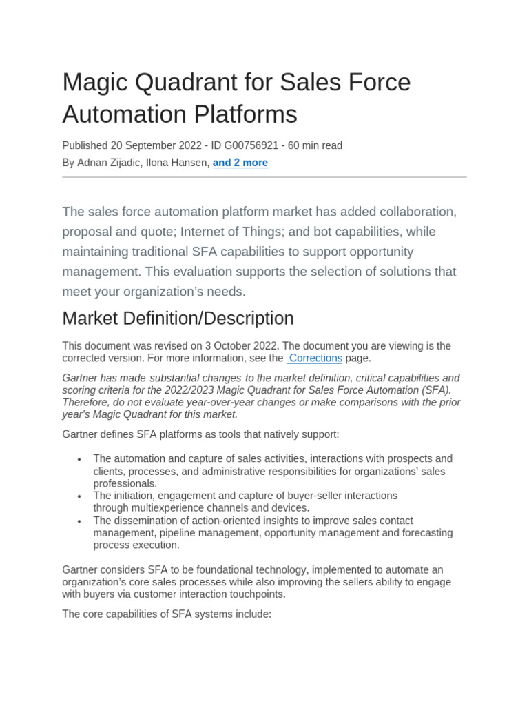 Magic Quadrant For Sales Force Automation Platforms | PDF | Customer ...