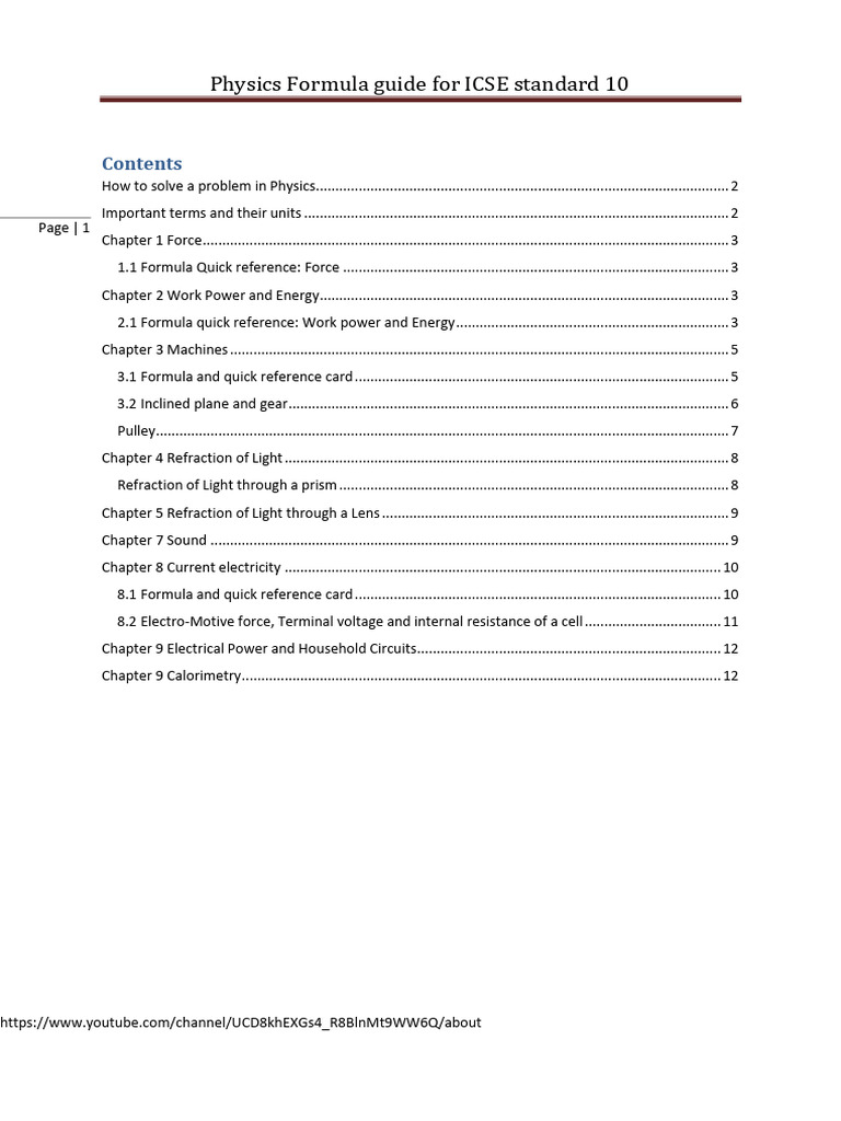 Class 10 Icse Physics Formula | PDF | Lever | Electric Current