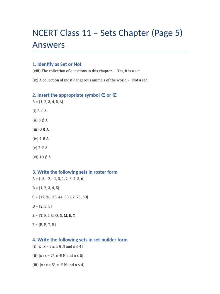 Sets Chapter Answers | PDF