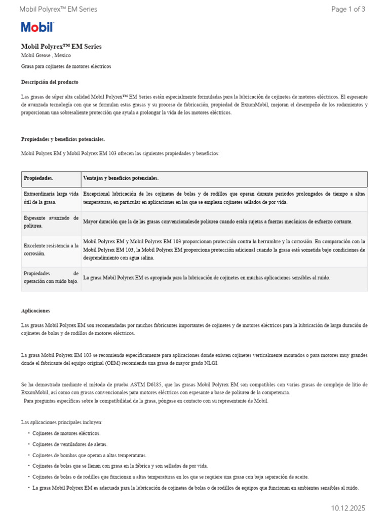 Grasa Mobil Polyrex EM para Motores Eléctricos | PDF | Rodamiento ...