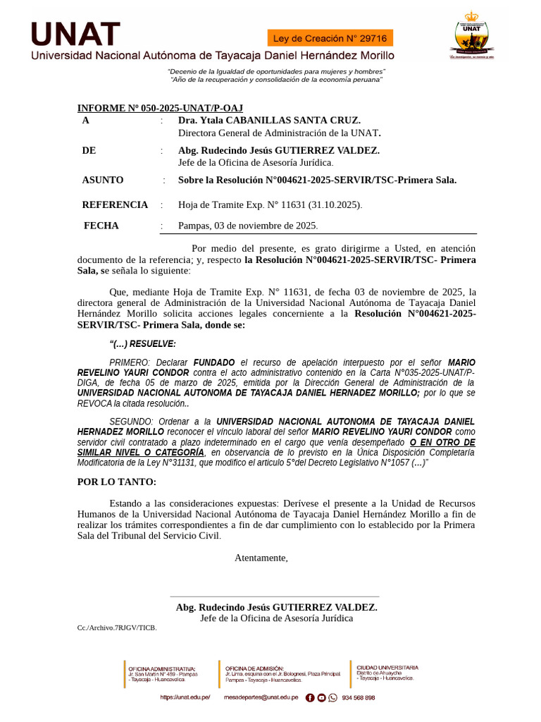 Informe N. º050-2025-Unat-P-Oaj - Solicitud Apelacion de Fundada de ...