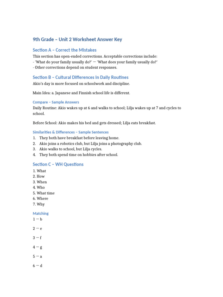 9th Grade Unit 2 Worksheet Answer Key | PDF