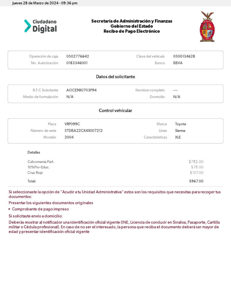 Tenencia y calcomanía vehicular 2024 toyota siena | PDF