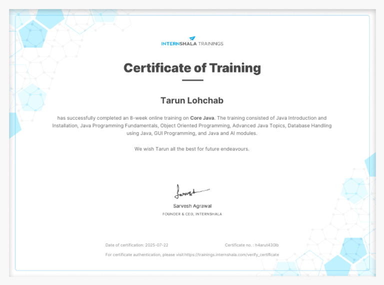 Core Java Training - Certificate of Completion | PDF