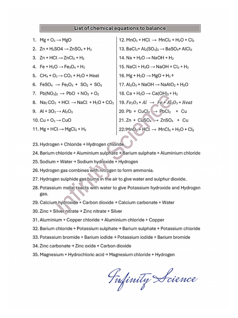 Chemical Equations To Balance - Class 10 | PDF