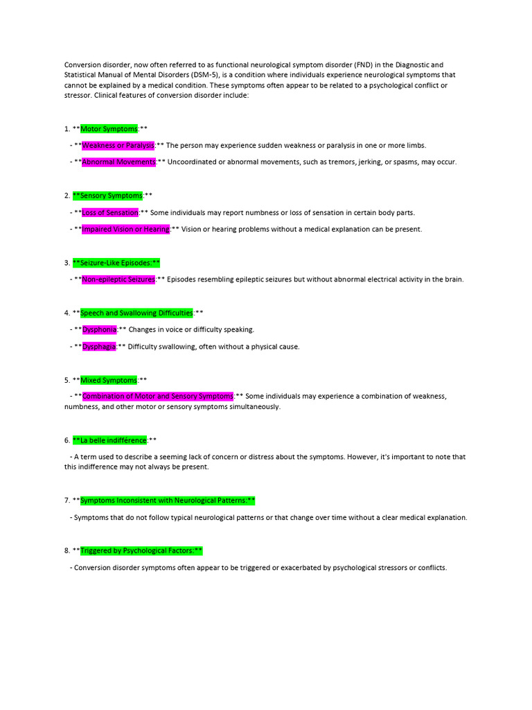 Conversion Disorder Symptom | PDF