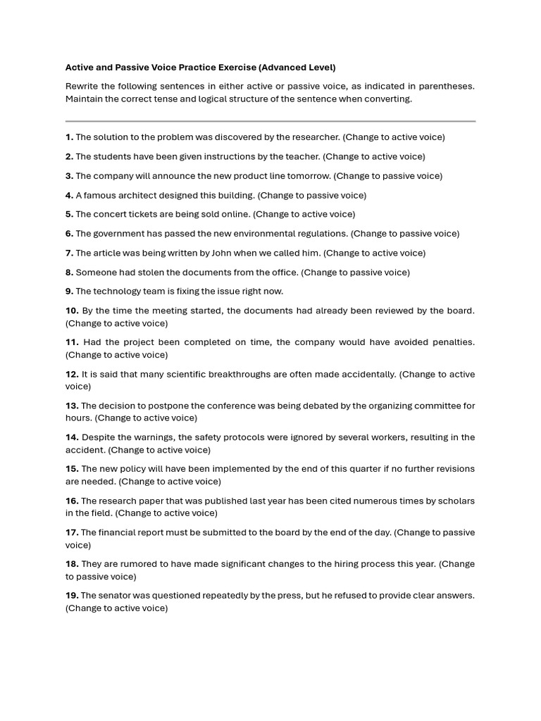 Advanced Active and Passive Voice Exercise | PDF