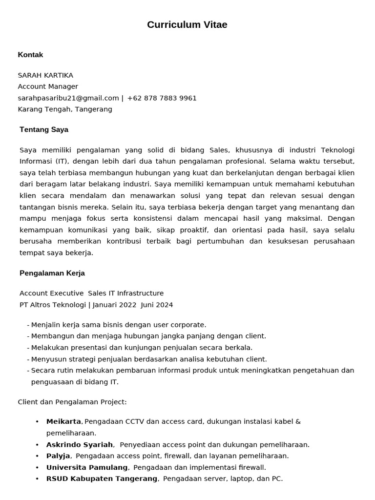 CV Sarah Kartika - Account Manager IT | PDF