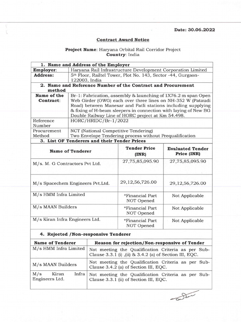 Contract Award Notice of BR 1 | PDF