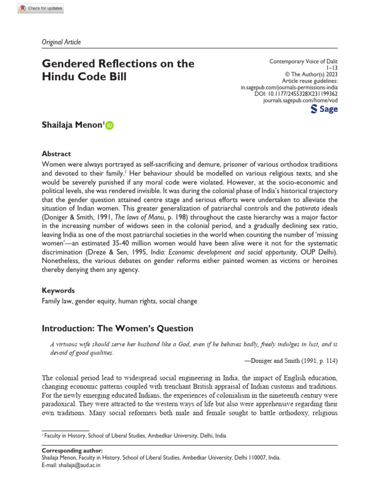 Menon 2023 Gendered Reflections On The Hindu Code Bill | PDF | Marriage ...