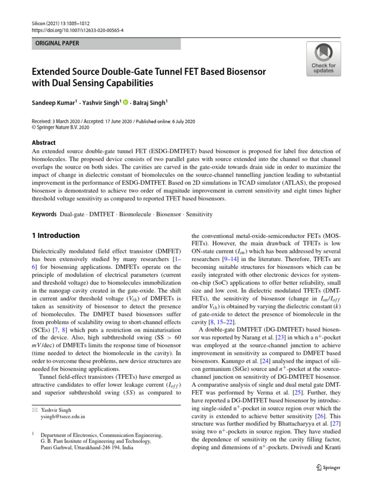 4-Extended Source Double-Gate Tunnel FET Based Biosensor With Dual ...