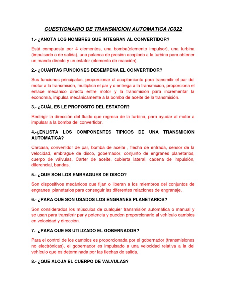 Cuestionario de Transmicion Automatica Ic022 | PDF