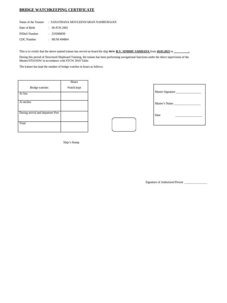 Bridge Watchkeeping Certificate for Trainee | PDF