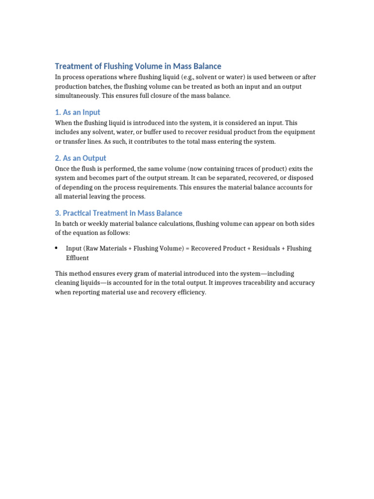 Flushing Volume in Mass Balance | PDF