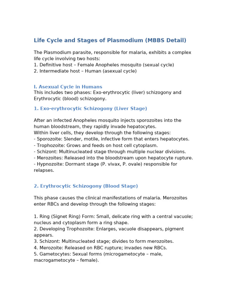 Plasmodium Life Cycle Stages Explained | PDF | Plasmodium | Parasitology