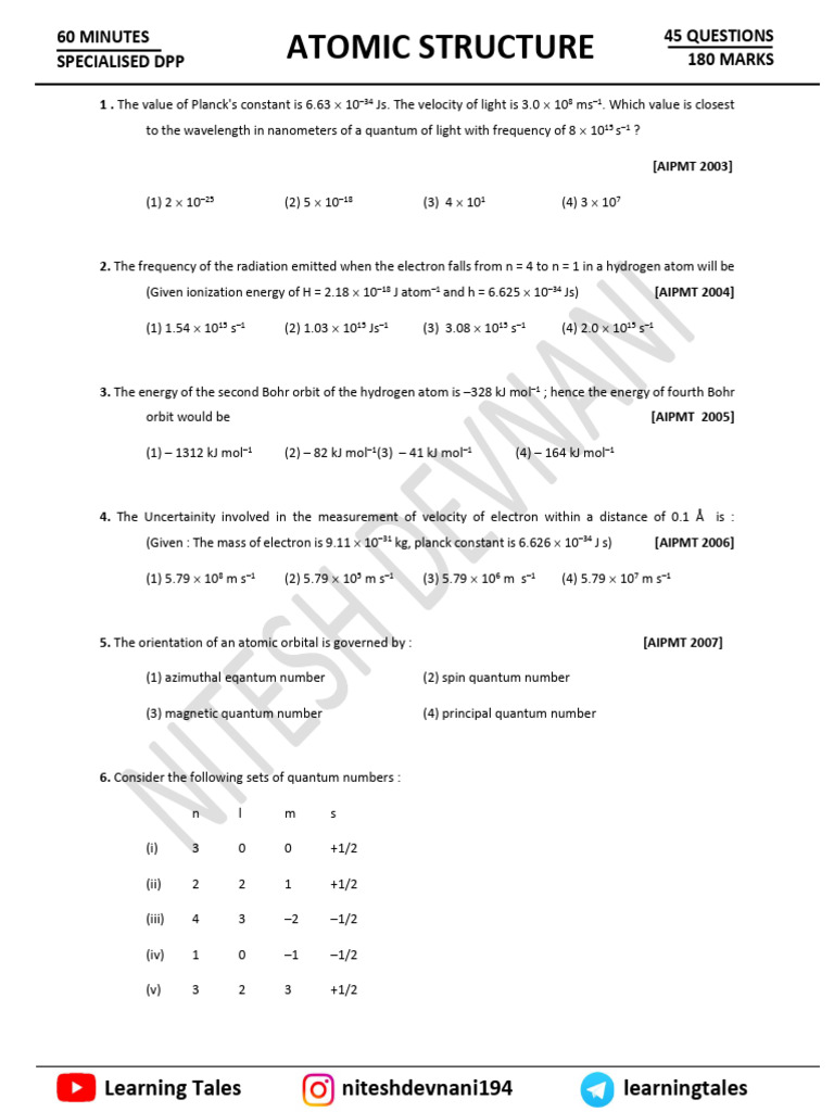 Atomic Structure 20 Years Pyq's Sheet Nitesh Devnani | PDF | Atomic ...
