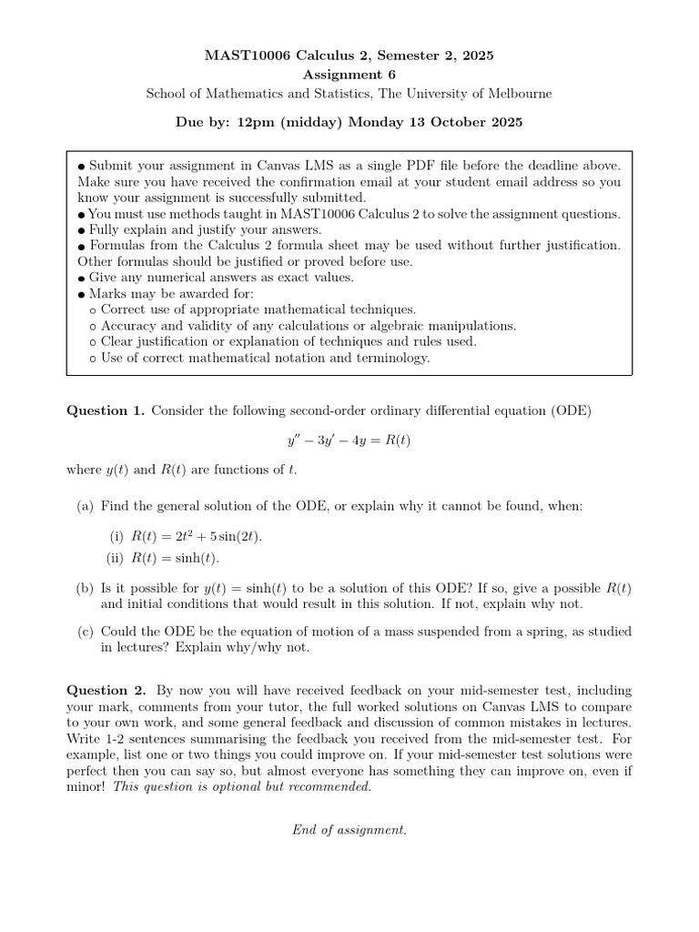 Assignment 6 MAST10006 2025s2 | PDF | Ordinary Differential Equation ...