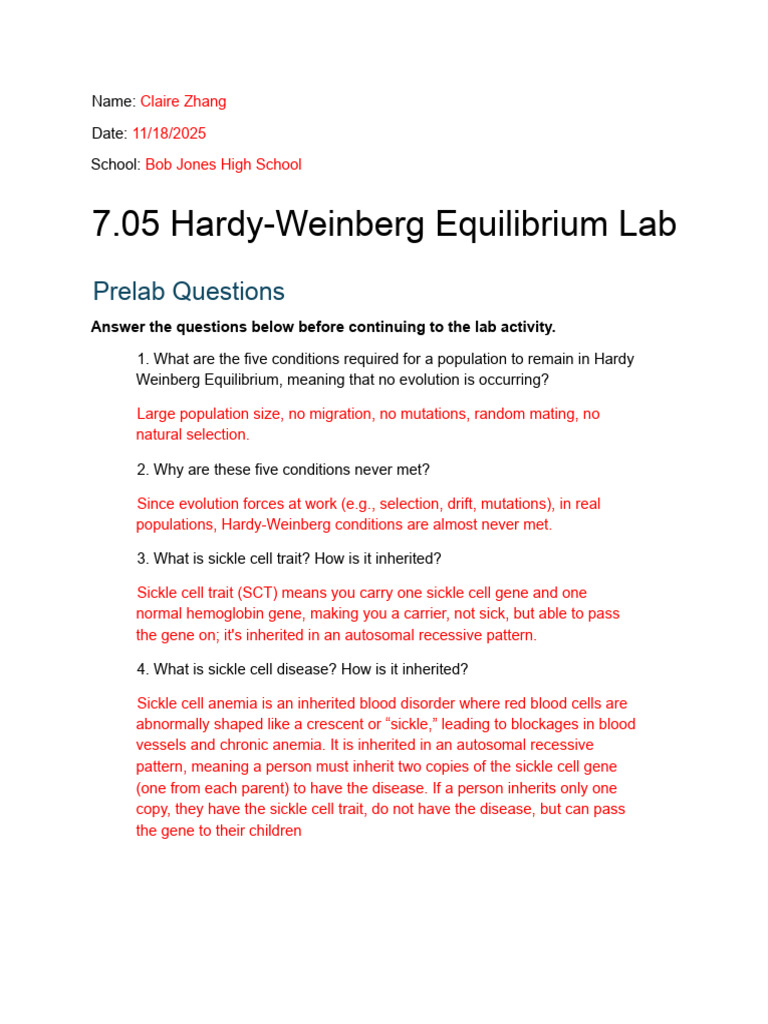 7.05 Hardy-Weinberg Equilibrium Lab | PDF | Genotype | Allele
