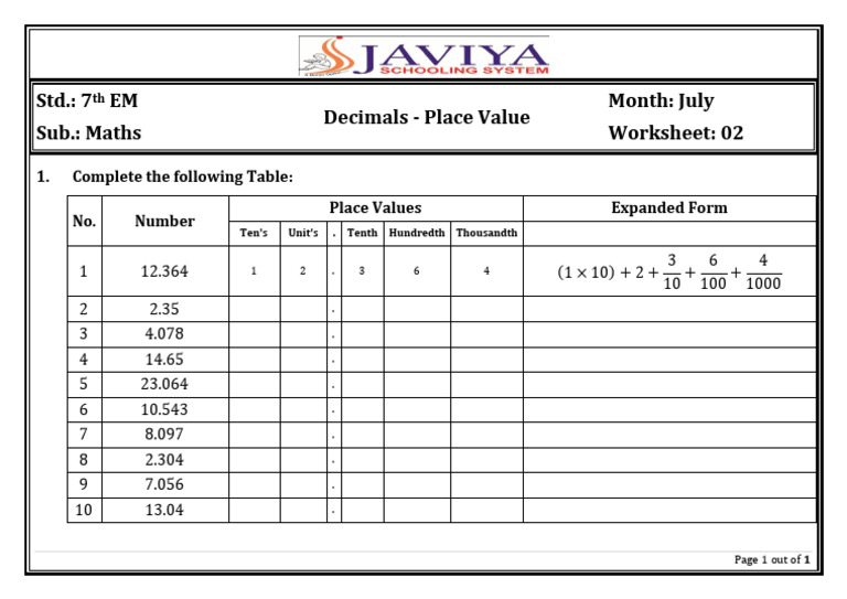 7EM Ch03 WS-02 Decimal-PlaceValue | PDF