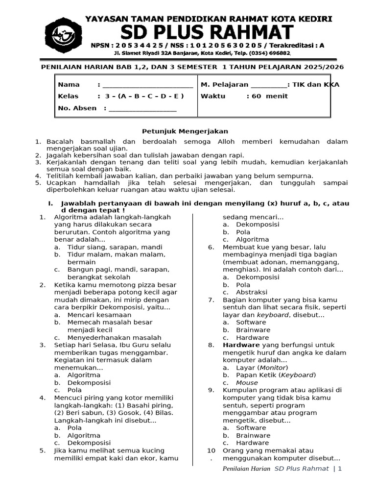 Soal PH TIK KELAS 3 | PDF