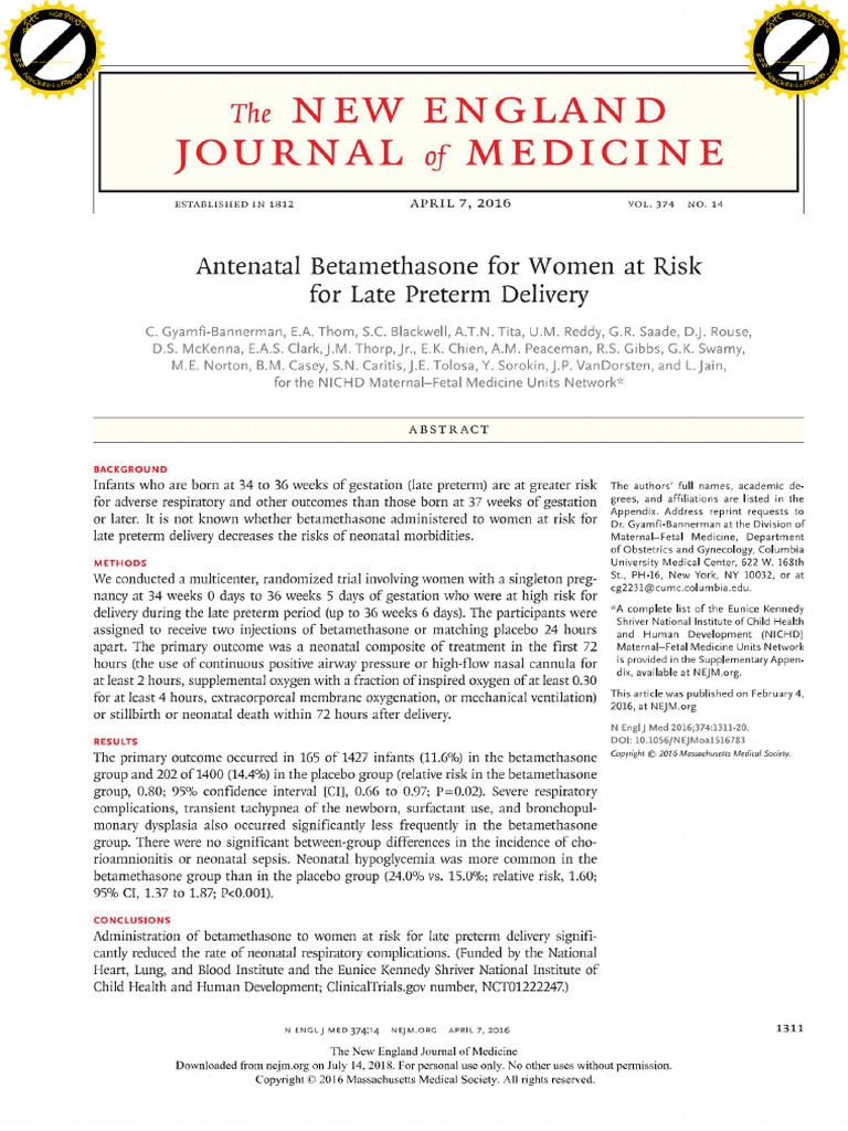 Antenatal Betamethasone For Women at Risk For Late Preterm Delivery 2 | PDF