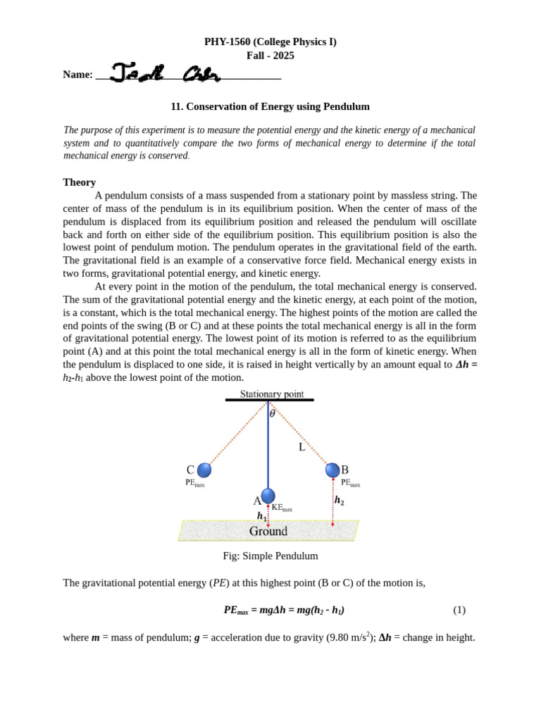 11-Conservation+of+Energy Pendulum F25 | PDF | Pendulum | Potential Energy